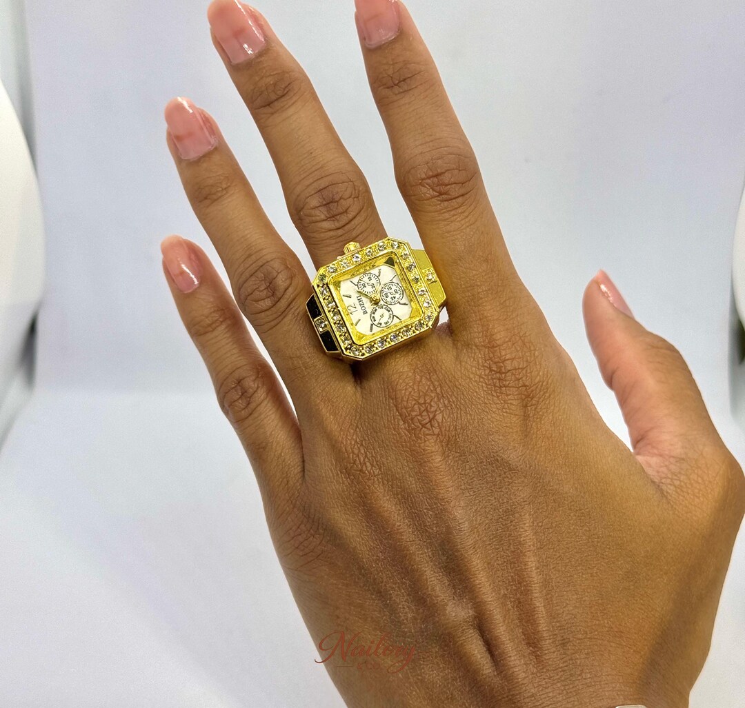 Square Clock Ring, Gold Quartz Clock With Diamond, Adjustable Watch ...