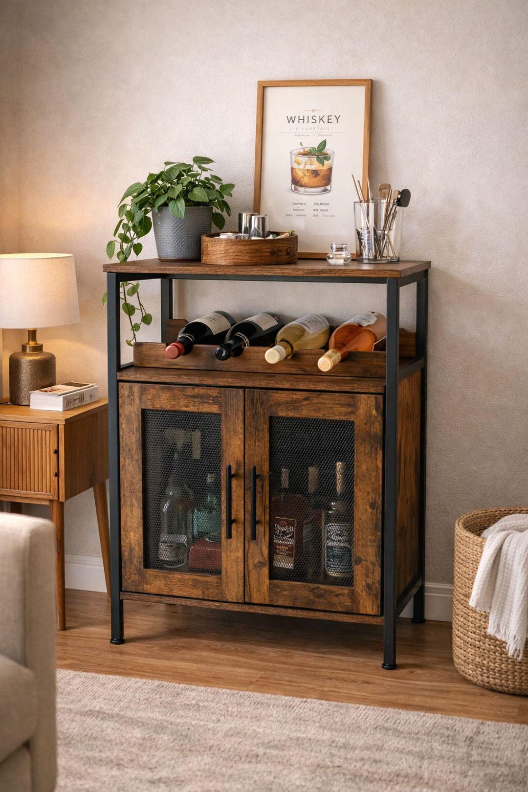 Rustic Wine Bar Cabinet With Glass Holder, Small Industrial Coffee Bar ...