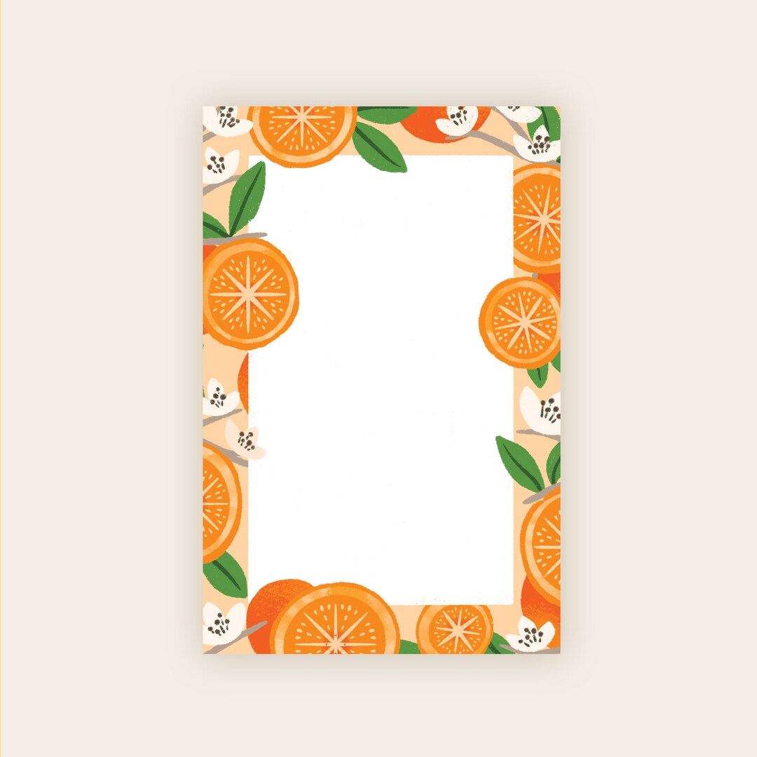 Orange Notepad With Blossom Flowers & Cute Fruit Illustrations, Blank ...