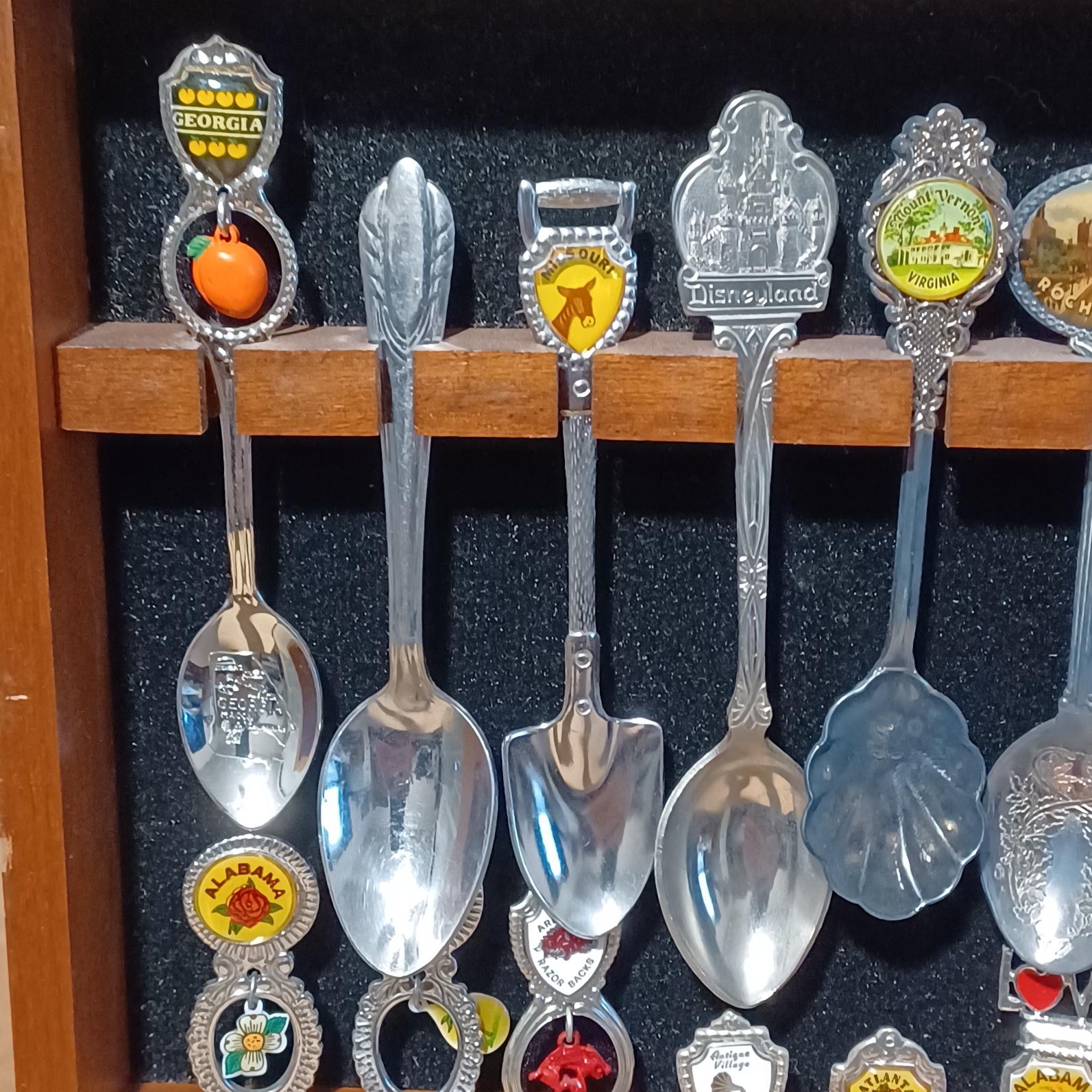 Vintage Souvenir Spoon Collection in Glass Display Case – Wooden Wall ...