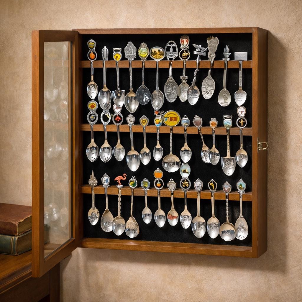 Vintage Souvenir Spoon Collection in Glass Display Case – Wooden Wall ...