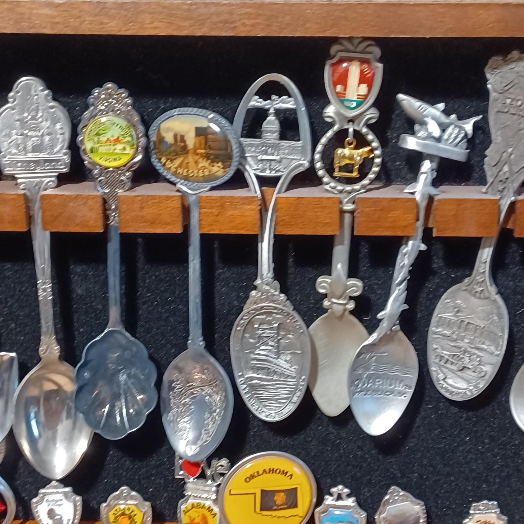 Vintage Souvenir Spoon Collection in Glass Display Case – Wooden Wall ...