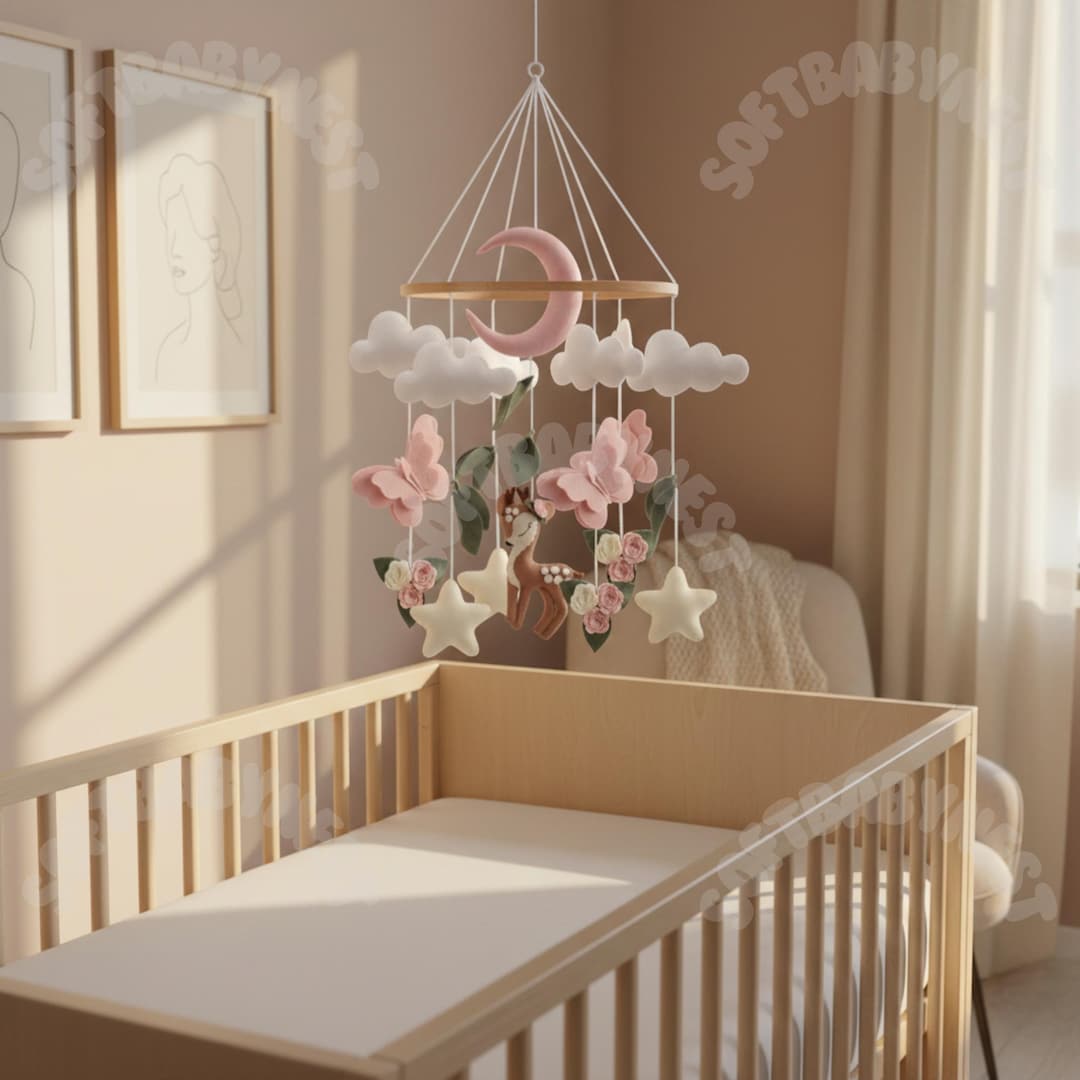 Woodland Deer Baby Mobile for Nursery Decor, Baby Girl Crib Mobile ...