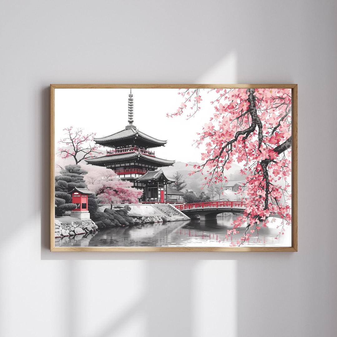 Sakura Temple Print, Japanese Cherry Blossom Landscape Artwork (digital ...