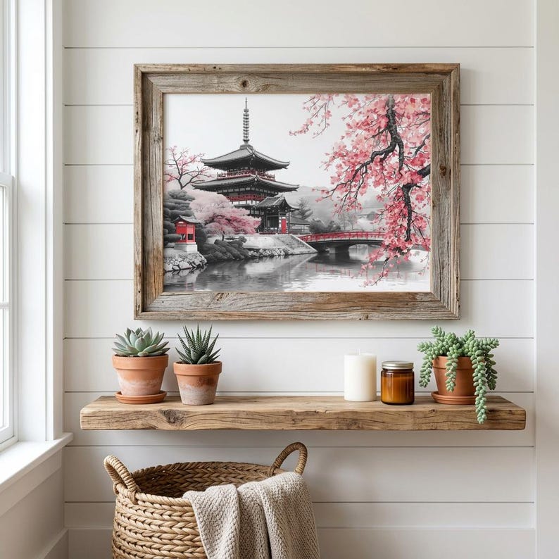 Sakura Temple Print, Japanese Cherry Blossom Landscape Artwork (digital ...