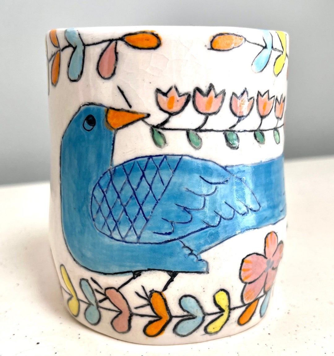 Handmade MUG With BLUE BIRD Sgraffito Bright Colors Leafy Vine - Etsy
