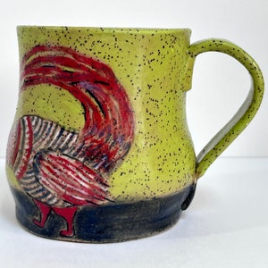 Handmade Ceramic Mug STRIPED CHICKEN Bright Colorful Cup W/ Curvy Shape ...