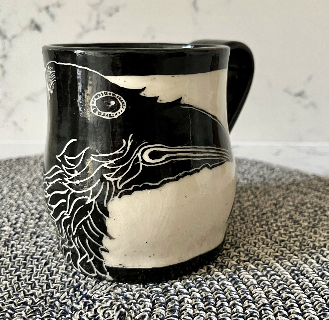HANDMADE Edgy, Fierce Black RAVEN MUG Sgraffito Crow & Thorny Vine Made ...