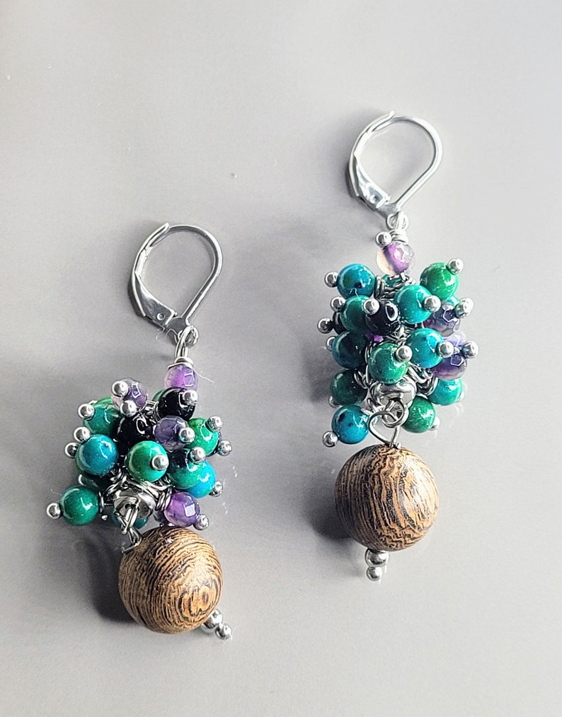 Turk and Amethyst Gemstone Cluster Wood Dangle Earrings - Etsy