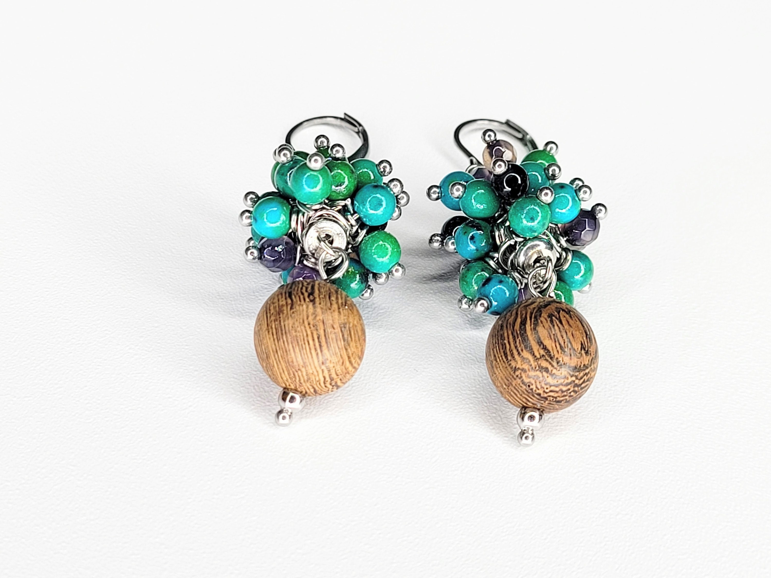 Turk and Amethyst Gemstone Cluster Wood Dangle Earrings - Etsy