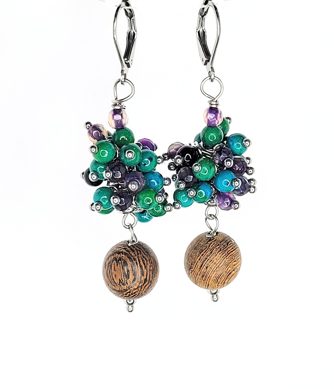 Turk and Amethyst Gemstone Cluster Wood Dangle Earrings - Etsy