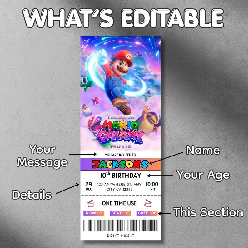 Super Mario Galaxy Ticket Birthday Invitation, Galactic Party Invite ...