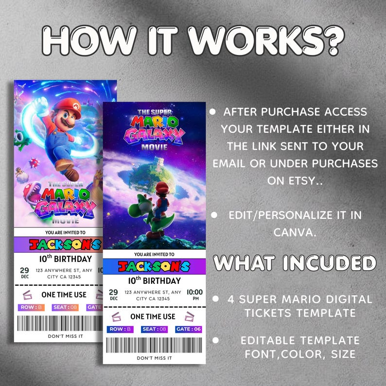 Super Mario Galaxy Ticket Birthday Invitation, Galactic Party Invite ...