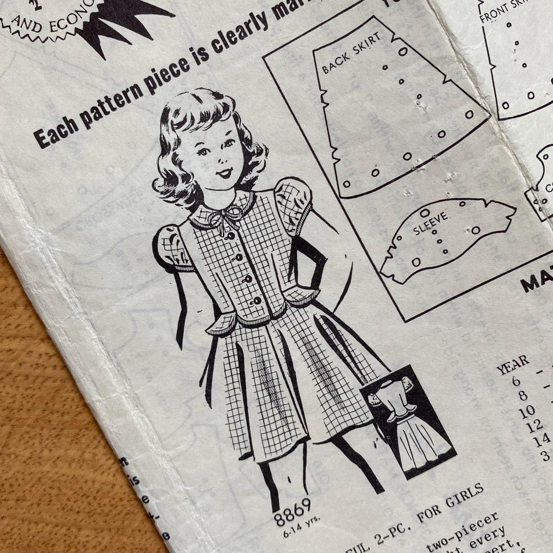 Sew-rite 8869 1950s Pattern for Girl's 2-piece Dress, Children's Size 8 ...