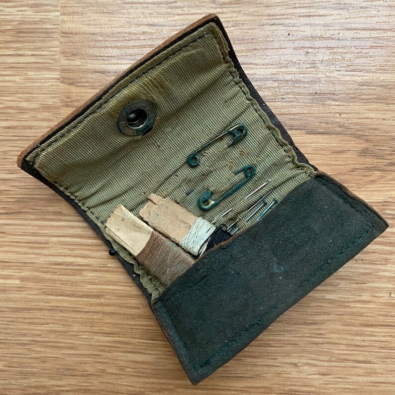 1940s Military Small Mending Kit, Olive Green Suede Trifold Vintage ...