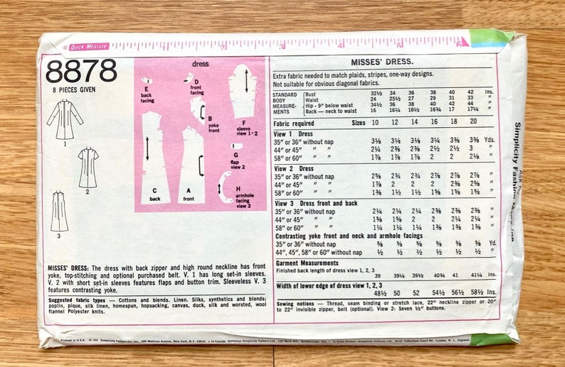 Simplicity 8878 1970s Pattern for Misses' Dress W/ Front Yoke Size 16 ...