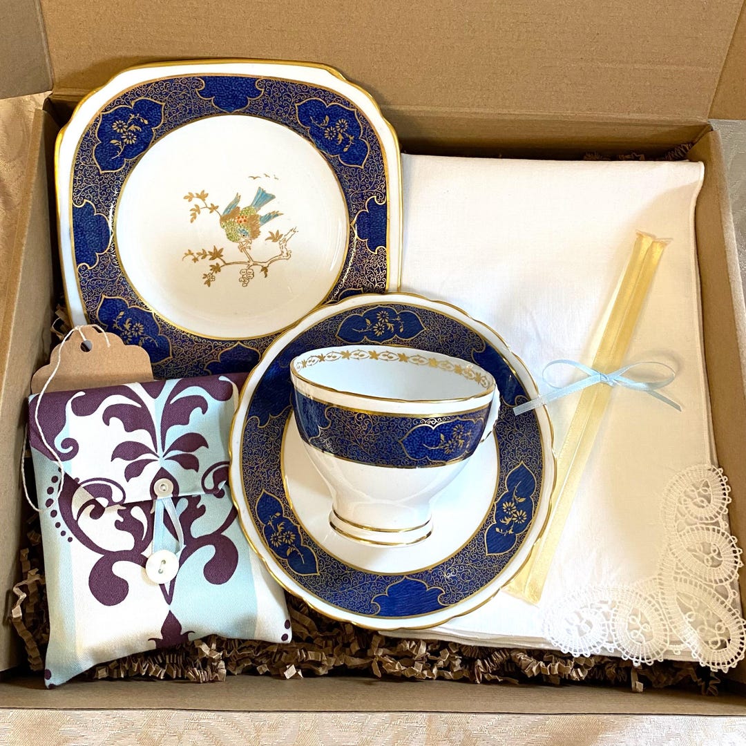 Tea Gift Box for One, Vintage English Tea Cup, Saucer & Dessert Plate ...