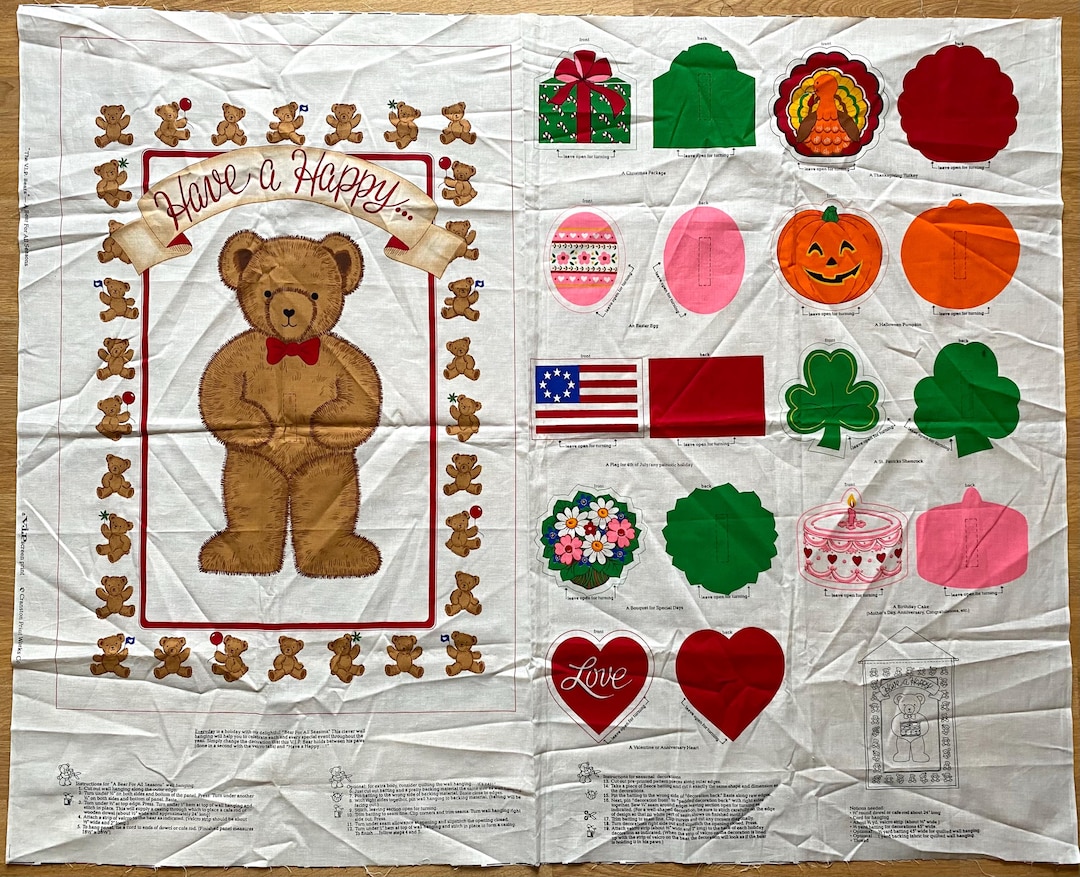 Vintage Bear for All Seasons Fabric Panel Print, Teddy Bear Holiday ...
