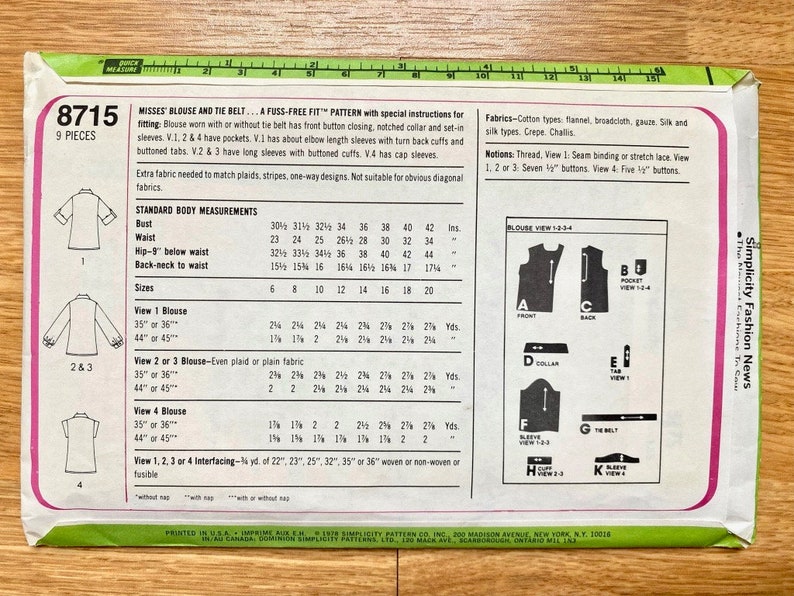 Simplicity 8715 1970s Pattern for Misses' Blouse & Tie Belt Size 14 ...