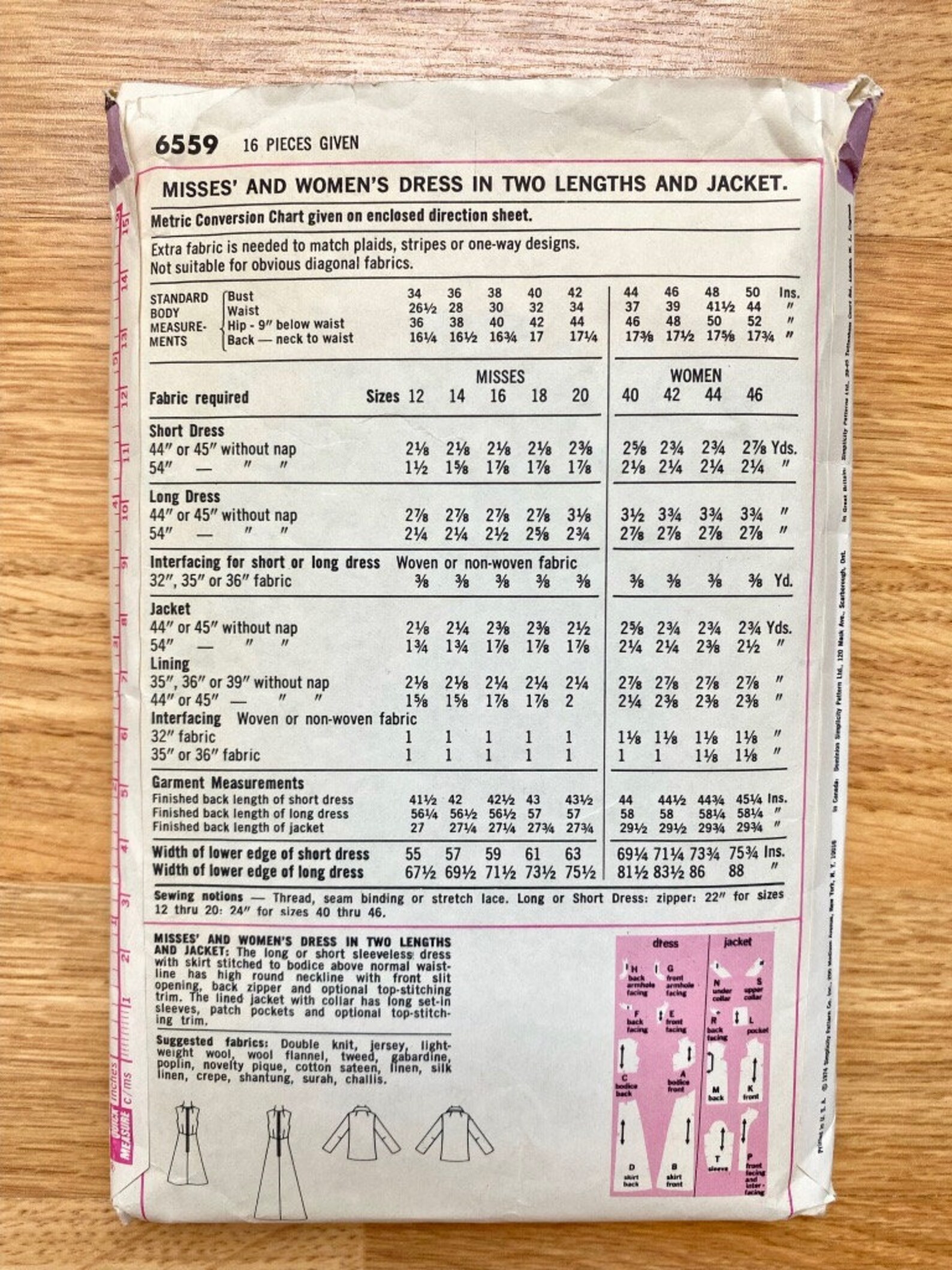 Simplicity 6559 1970s Pattern for Misses' Dress in 2 Lengths & Jacket Size 18 bust 40 - Etsy