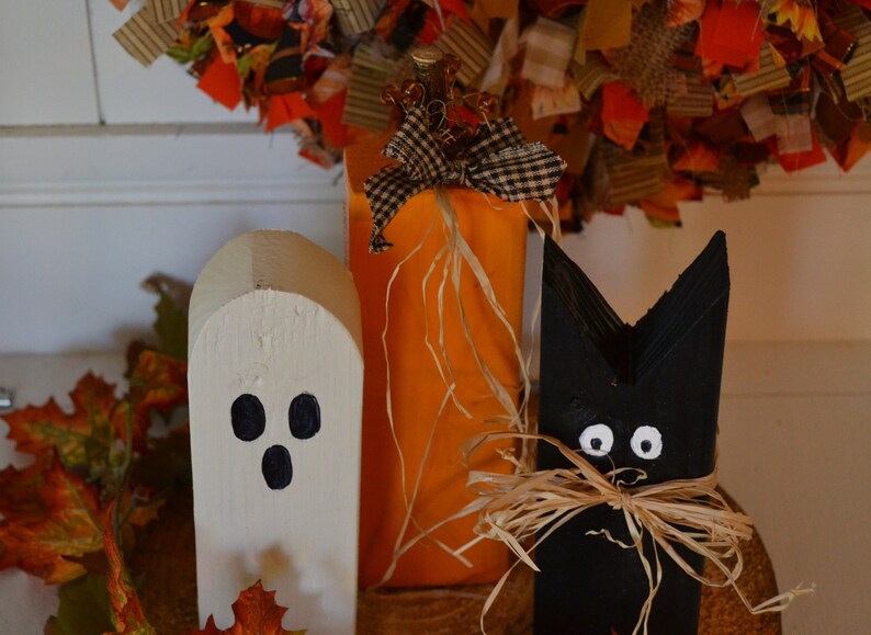 Wood Black Cat Ghost Pumpkin-set of 3-halloween Decor-shelf - Etsy
