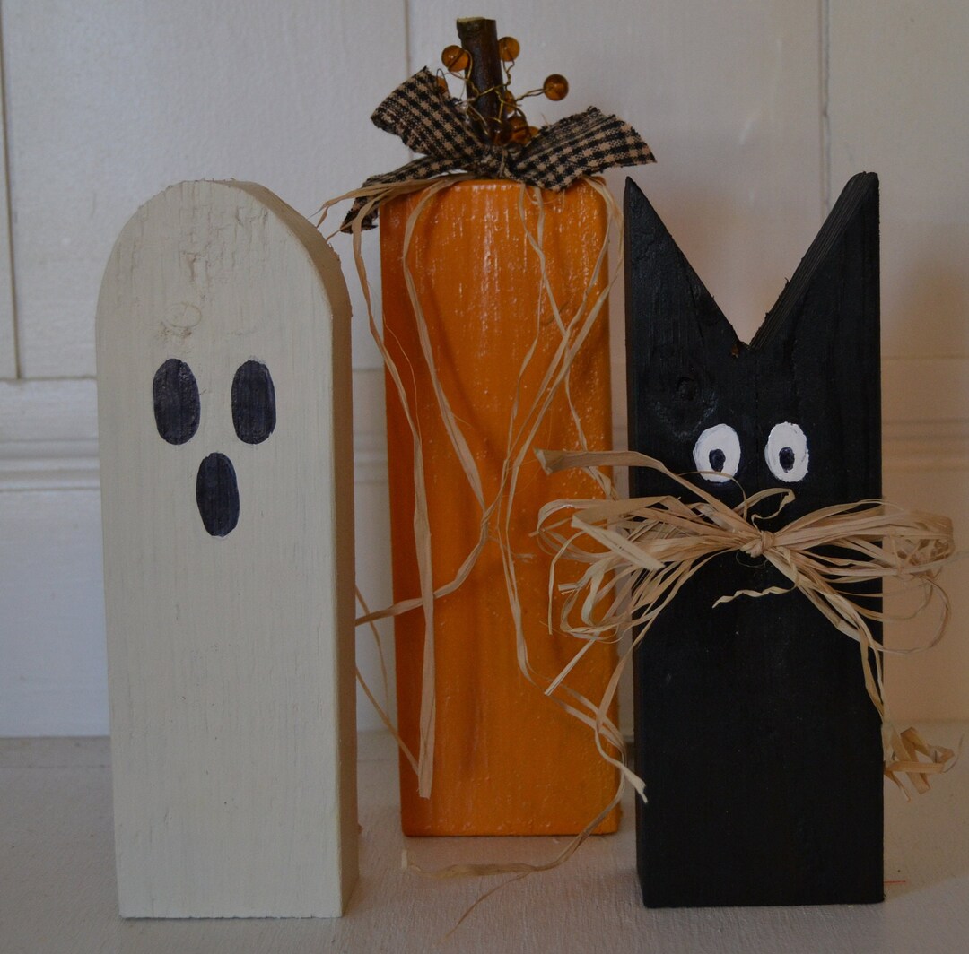 Wood Black Cat Ghost Pumpkin-set of 3-halloween Decor-shelf - Etsy