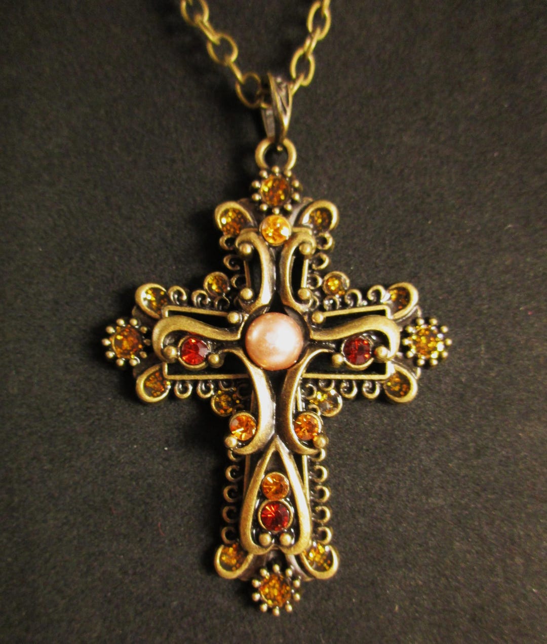 Bronze Jeweled Cross Necklace - Etsy
