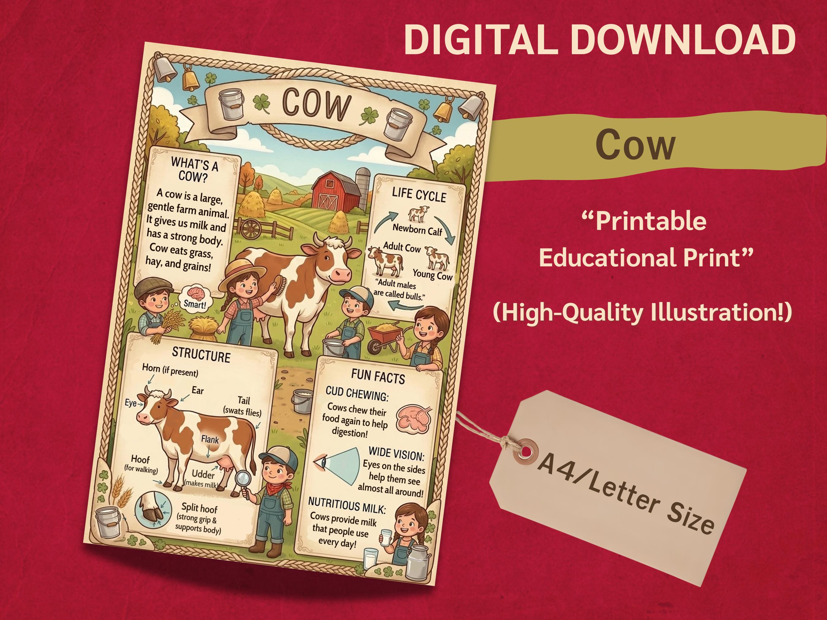 Cow Life Cycle Printable Poster | Farm Animals for Kids | Cow Facts ...
