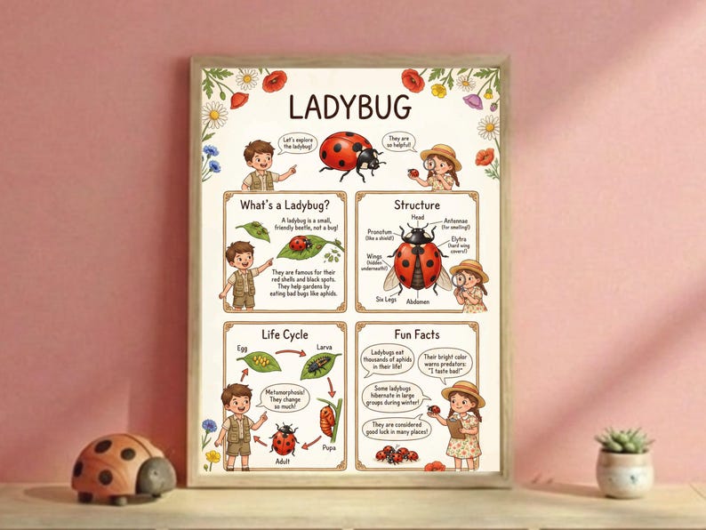 Ladybug Facts Poster, Kids Insect Science Wall Art, Montessori Nature ...