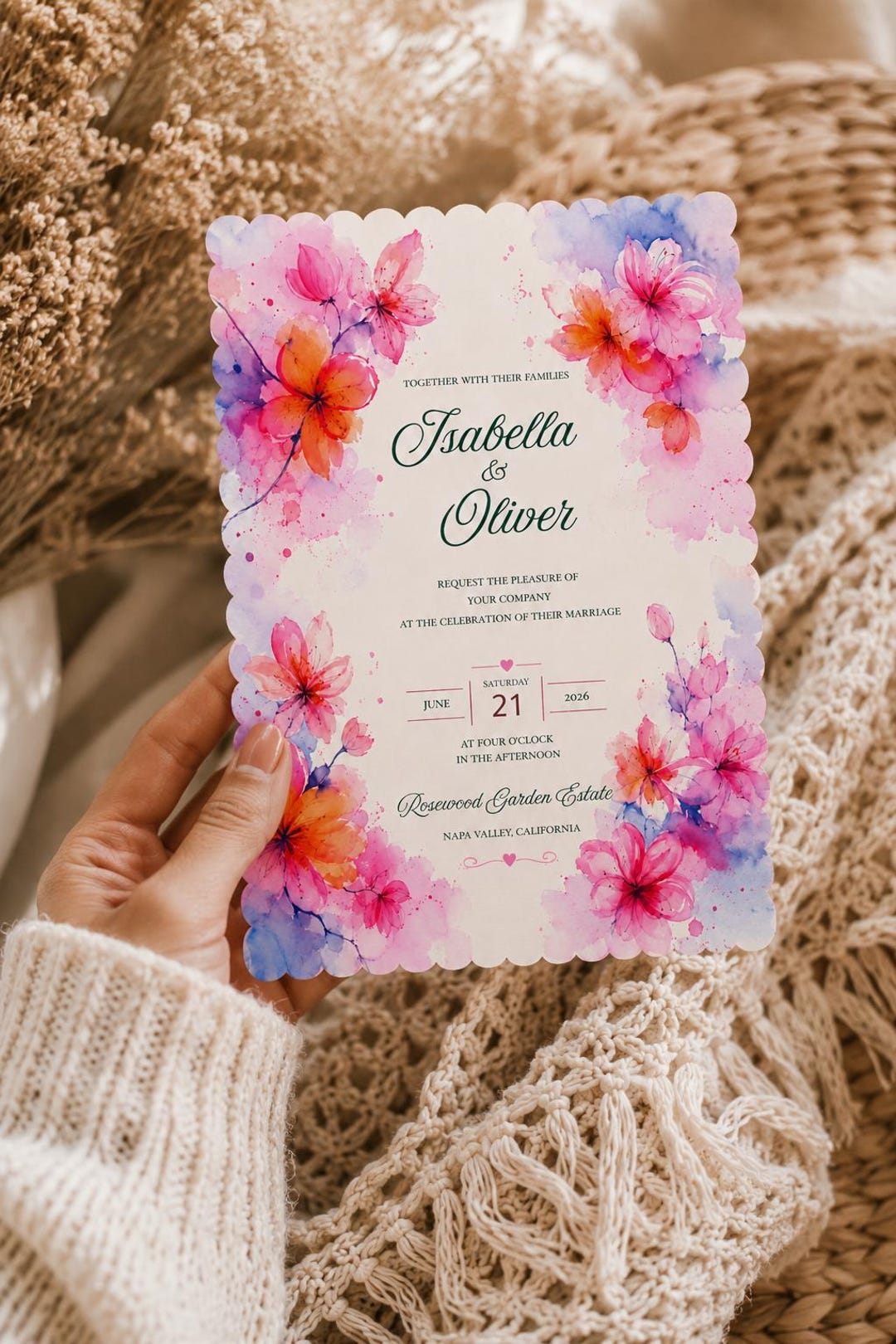 Boho Watercolor Wedding Invitation Suite-digital Flower Wedding Invite ...