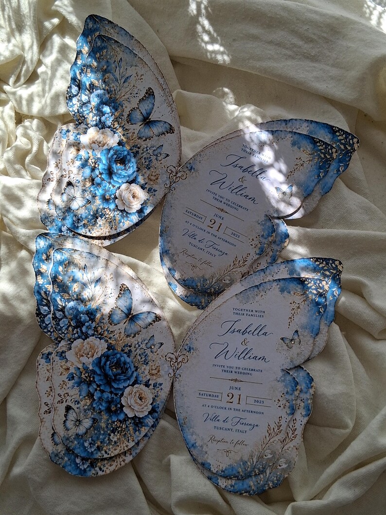 Handmade Butterfly Wedding Invitation Suite-blue Watercolor Floral ...