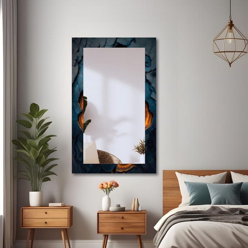 Modern Textured Wall Mirror – Blue Amber Art Glass, Ready to Hang Home ...