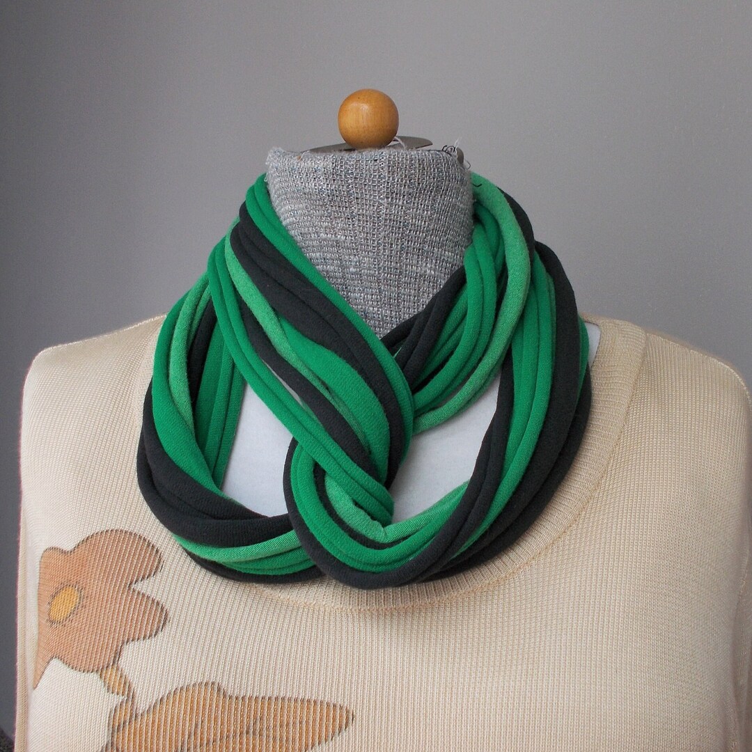 Loopy Green & Black INFINITY SCARF Necklace - Upcycled T-shirt 9 Loops ...