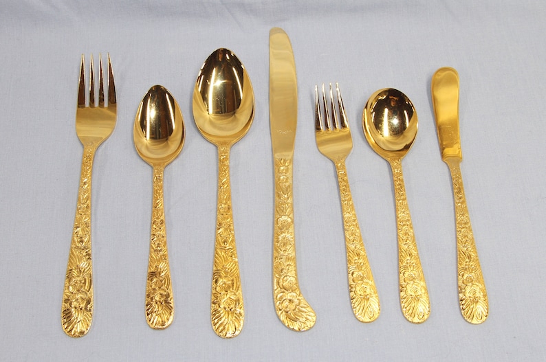 Gold Embossed Flower Silverware Set Lifetime Stainless Japan - Etsy