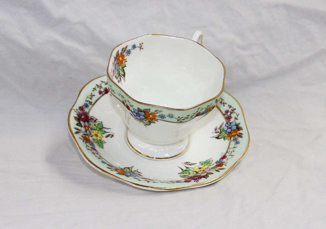 Foley Tea Cup and Saucer Set - Green, White, Floral - Pattern V2550 ...