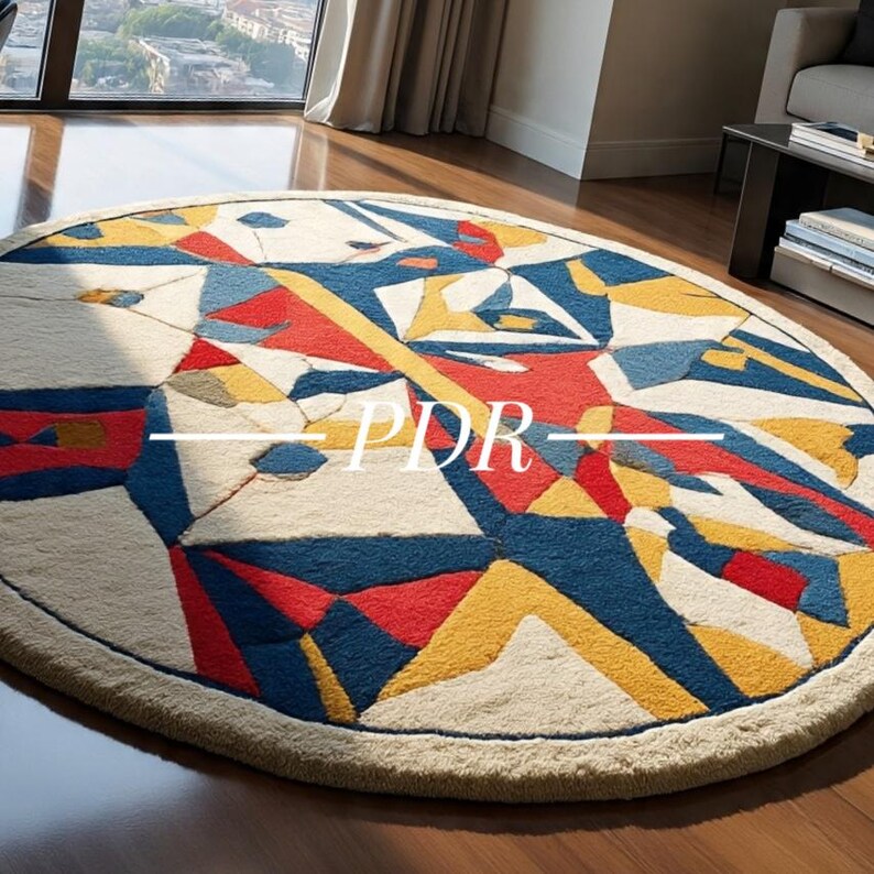 Vintage Wool Round Rug Features a Geometric Abstract Design in Bold ...