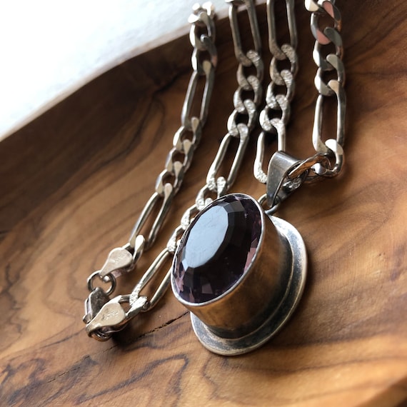 1960s Large Sterling Silver Oval Faceted Amethyst Amu… - Gem