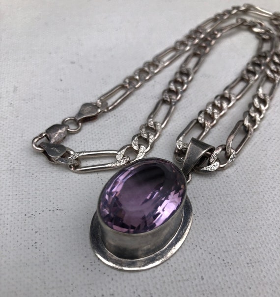 1960s Large Sterling Silver Oval Faceted Amethyst Amu… - Gem