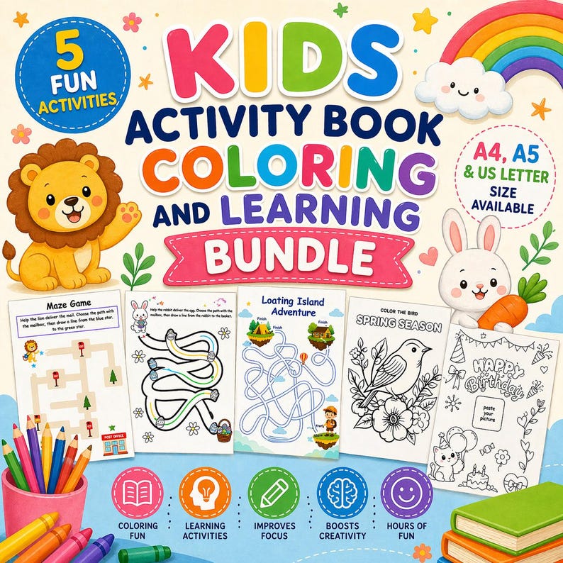 Kids Activity Book Bundle: Coloring, Learning, Mazes (digital Download ...