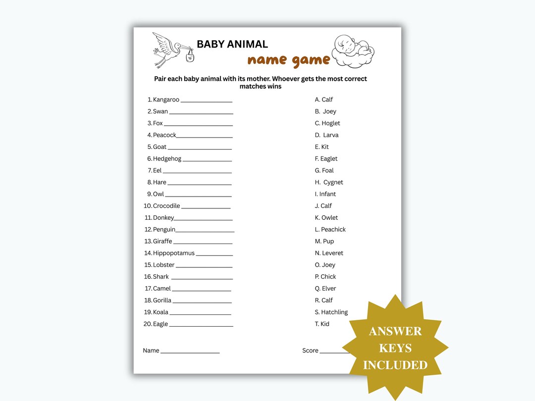 Baby Animal Name Game, Baby Shower Game, Minimalist Gender Neutral Baby ...