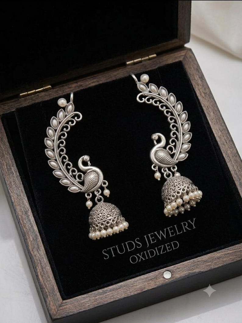 Oxidized German Silver Peacock Ear Cuff Jhumka, Boho Tribal Wrap ...