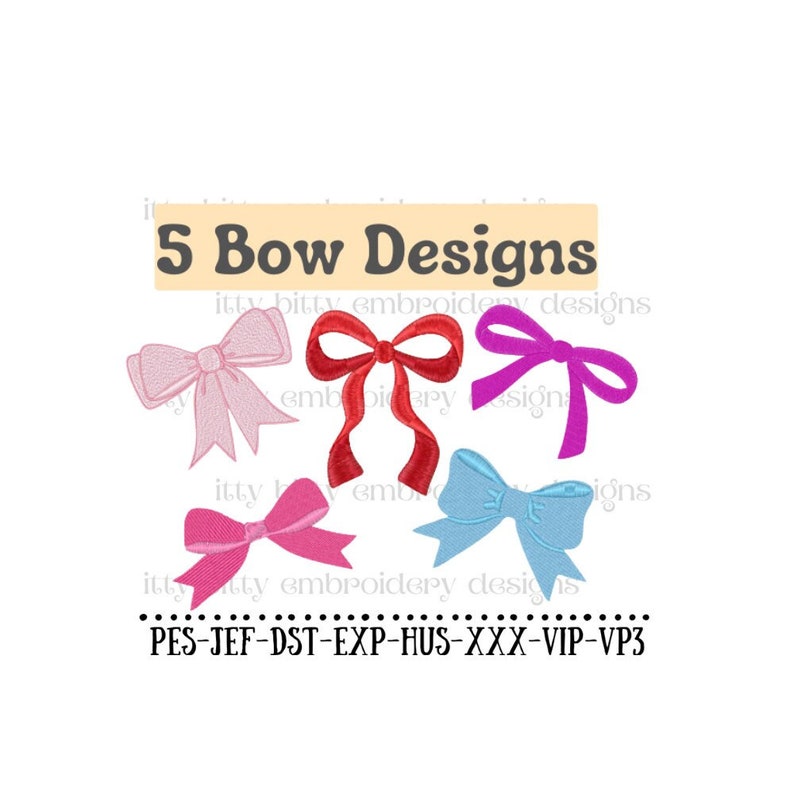Mini Bow Embroidery Designs, 5 Bow Styles (pes, Jef, Hus, Exp, Dst, Vip ...