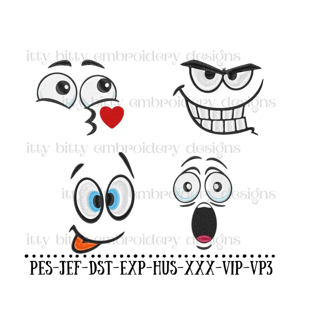 Cartoon Faces Embroidery Design, Funny Face Embroidery Design, Emoji ...