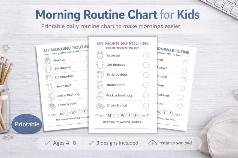 Morning Routine Chart for Kids – Printable Daily Routine (ages 4–8 ...