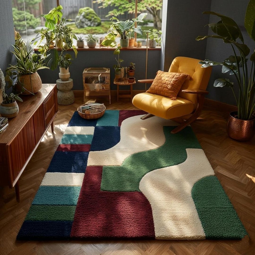 Mid-century Modern Abstract Rug, Colorful Geometric Area Rug for Living ...