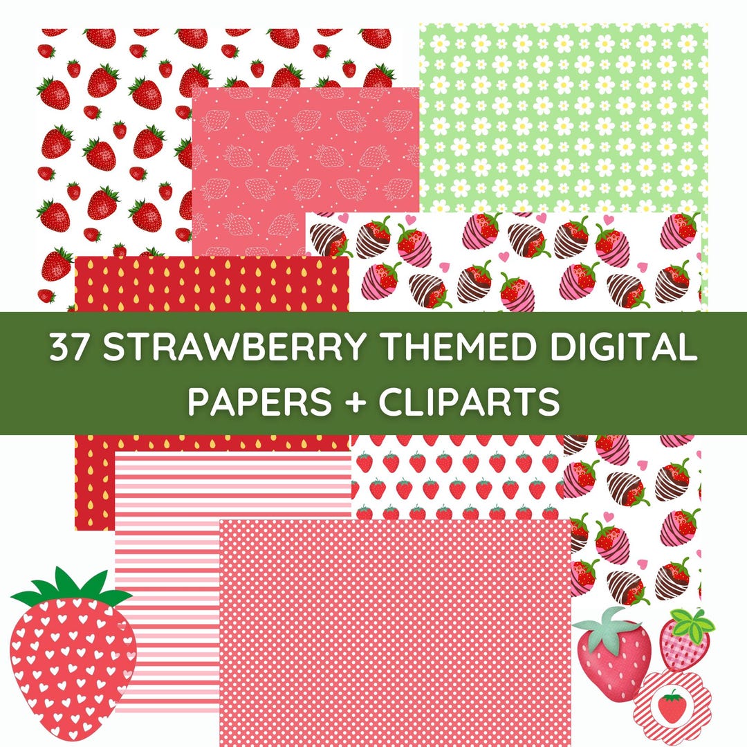 Strawberry Digital Paper & Clipart Bundle | 37 Fruit Graphics (digital ...