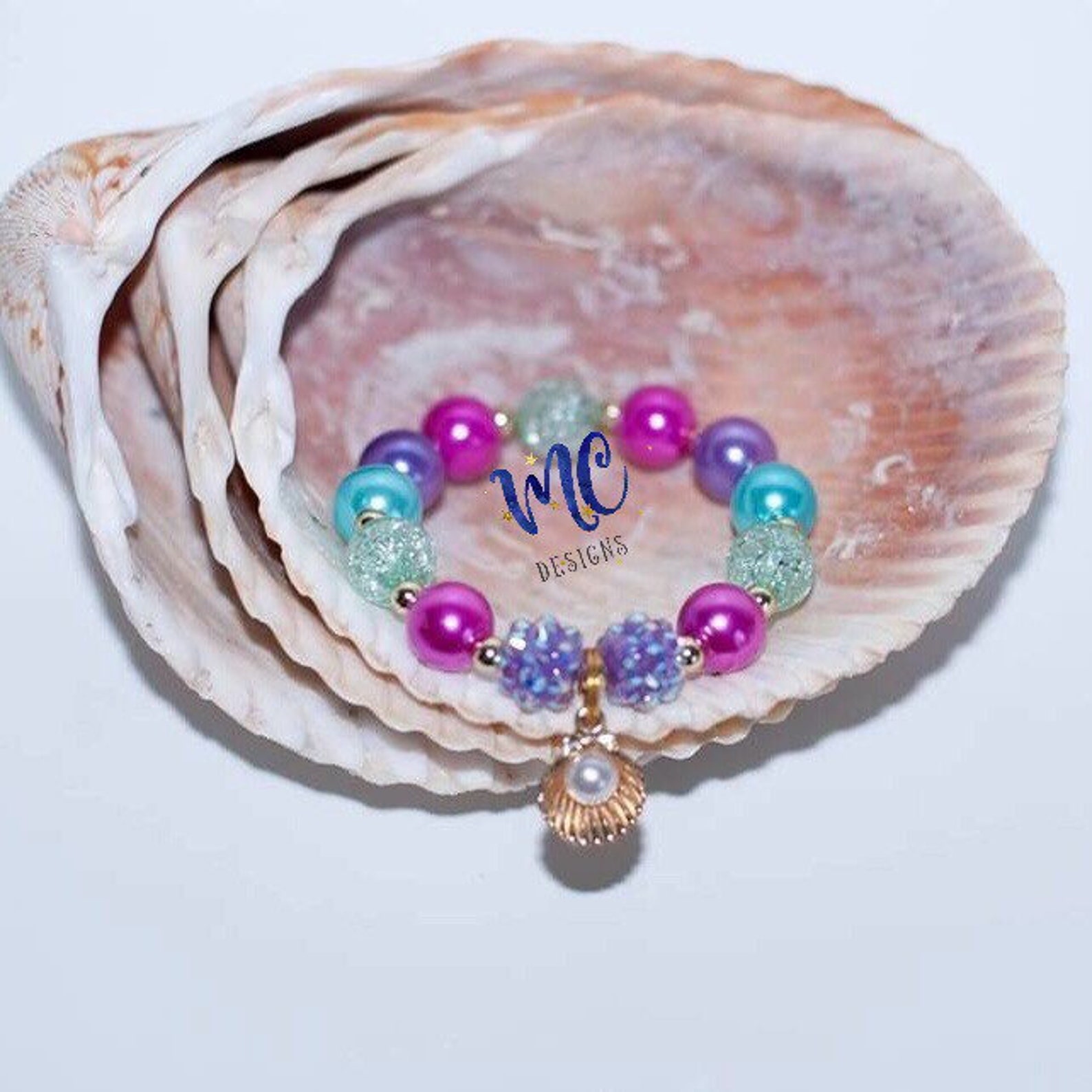 Shell Charm Bracelet Girls Turquoise and Pink Mermaid | Etsy