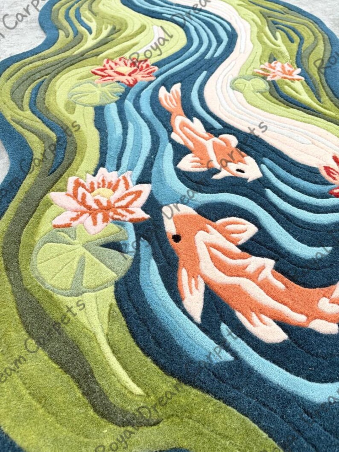 Hand Tufted Koi Fish Area Rug, 100% Wool Irregular Shape Modern Living ...