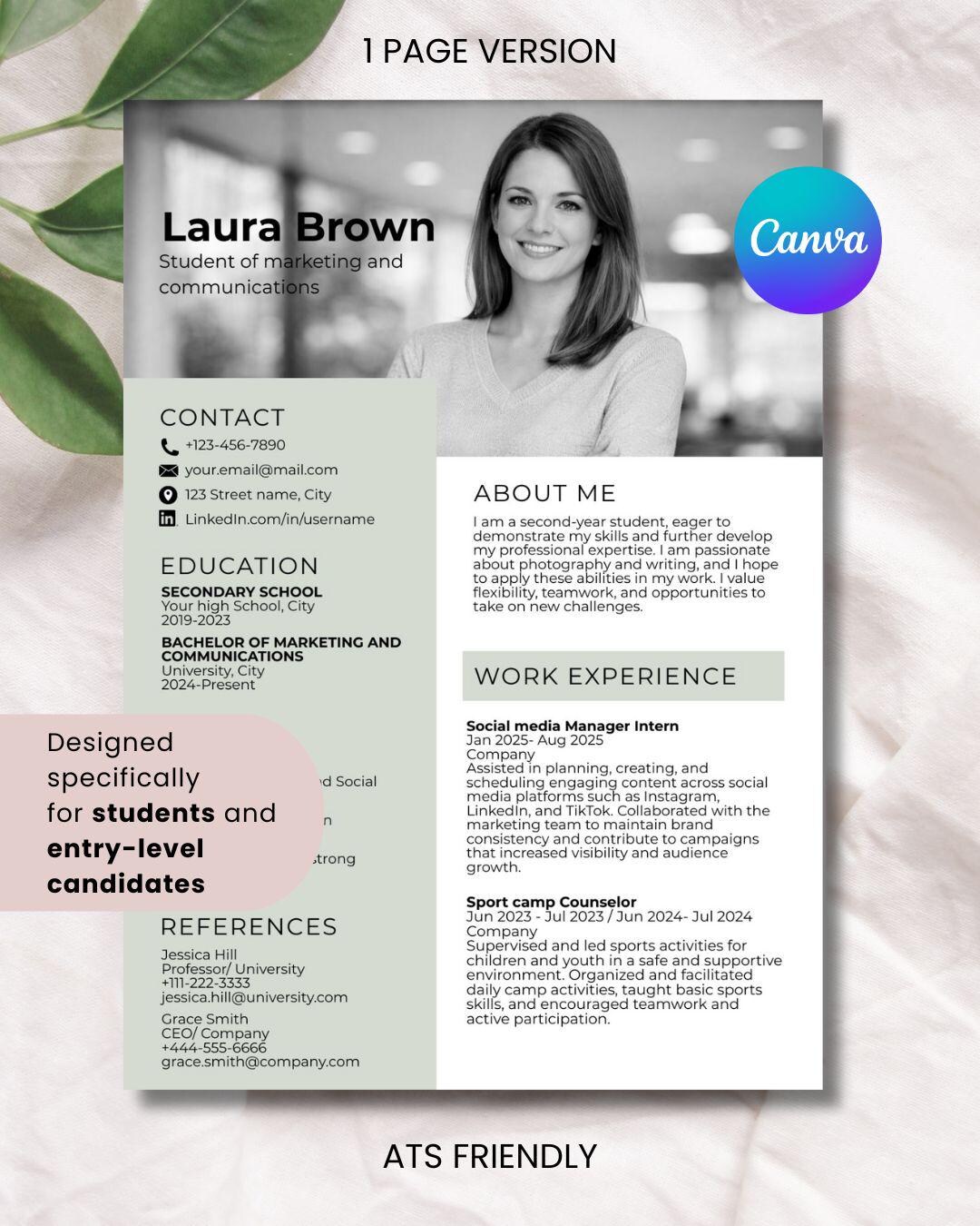 Resume Templates Canva Cover Letter References Student Beginner CV ...