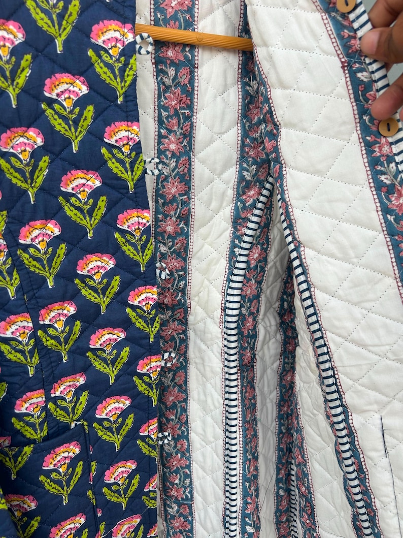 Hand Block Print Quilted Jacket, Indigo Geometric Cotton Kantha ...
